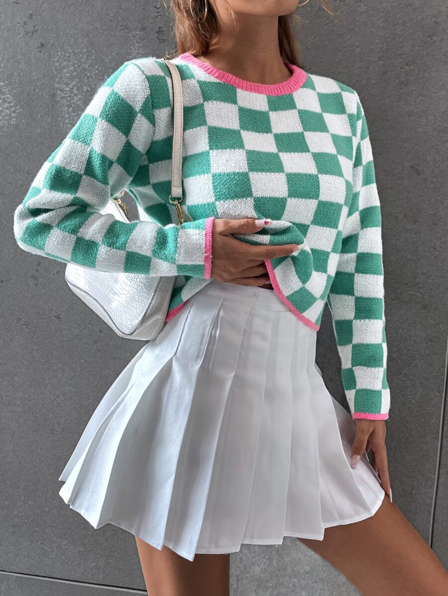 Checker Pattern Contrast Trim Sweater | SHEIN USA
