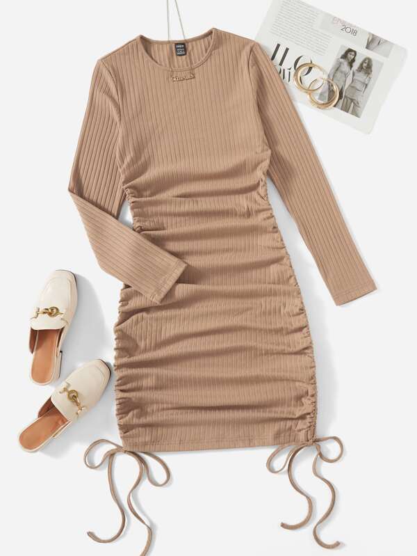 Shein Ezwear Drawstring Ruched Side Solid Form Fitted Dress | Shein Uk