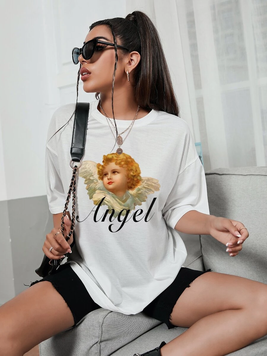 Drop Shoulder Angel Print Tee | SHEIN USA