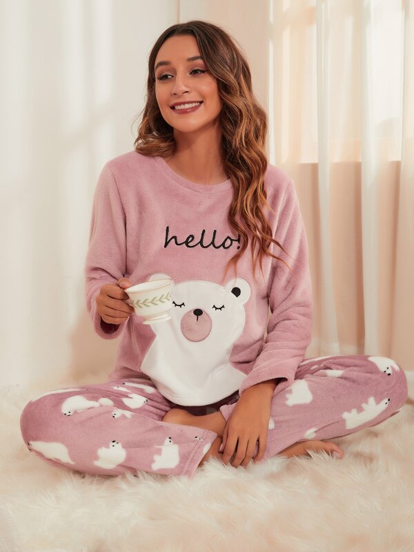 Letter & Cartoon Embroidery Flannel Pyjama Set | SHEIN UK