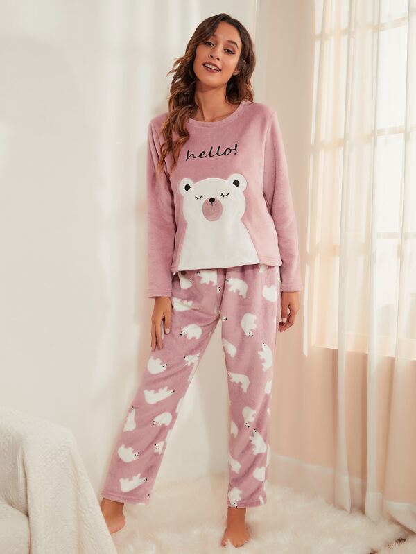 Letter & Cartoon Embroidery Flannel Pyjama Set | SHEIN UK