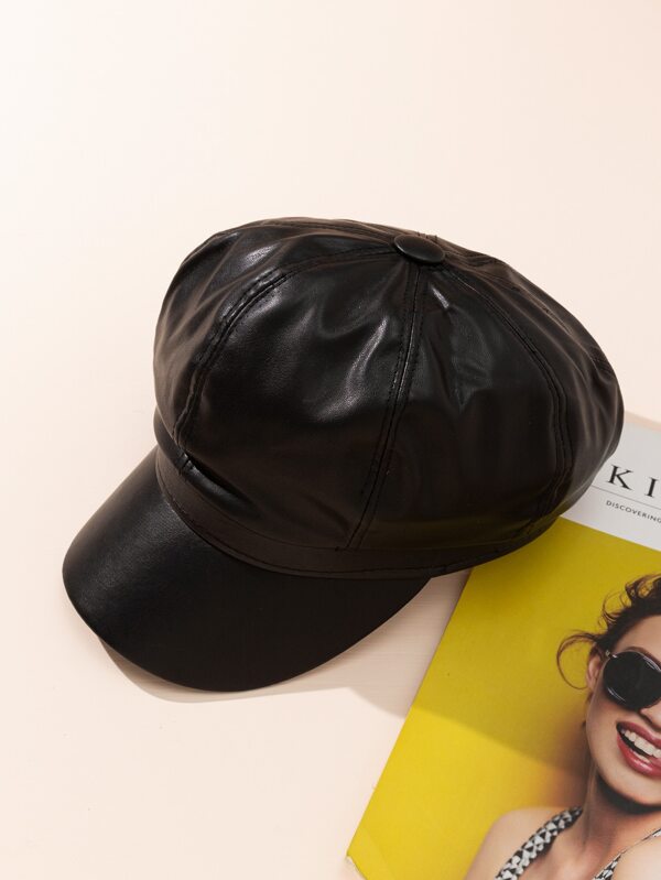 1pc women PU Polyurethane Baker Boy Black Cap | SHEIN USA