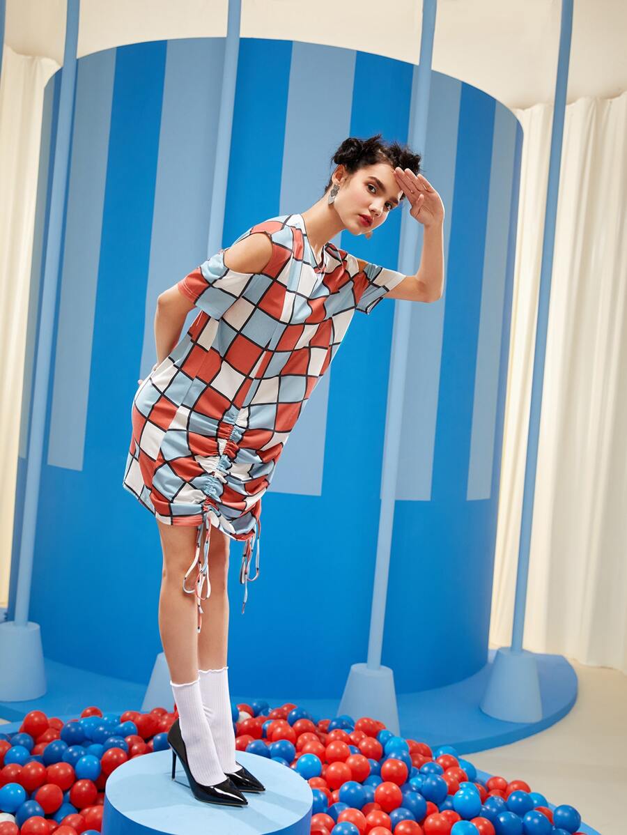 CARSON WONG Plaid Print Cold Shoulder Drawstring Dress | SHEIN USA