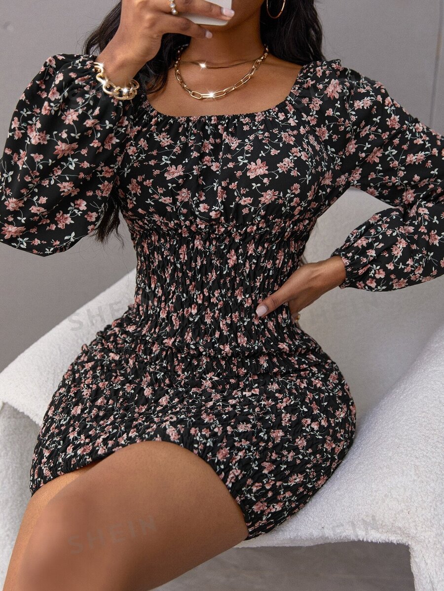 SHEIN LUNE Allover Floral Shirred Bodycon Dress | SHEIN UK