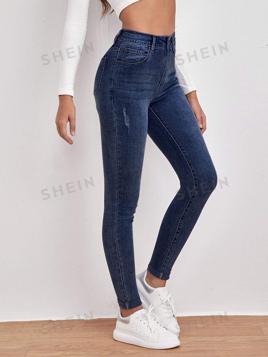 SHEIN Frenchy High Waist Ripped Detail Skinny Jeans | SHEIN UK