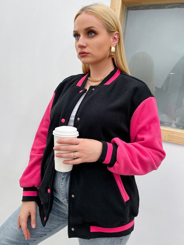 Plus Colorblock Drop Shoulder Baseball Collar Bomber Jacket | SHEIN USA