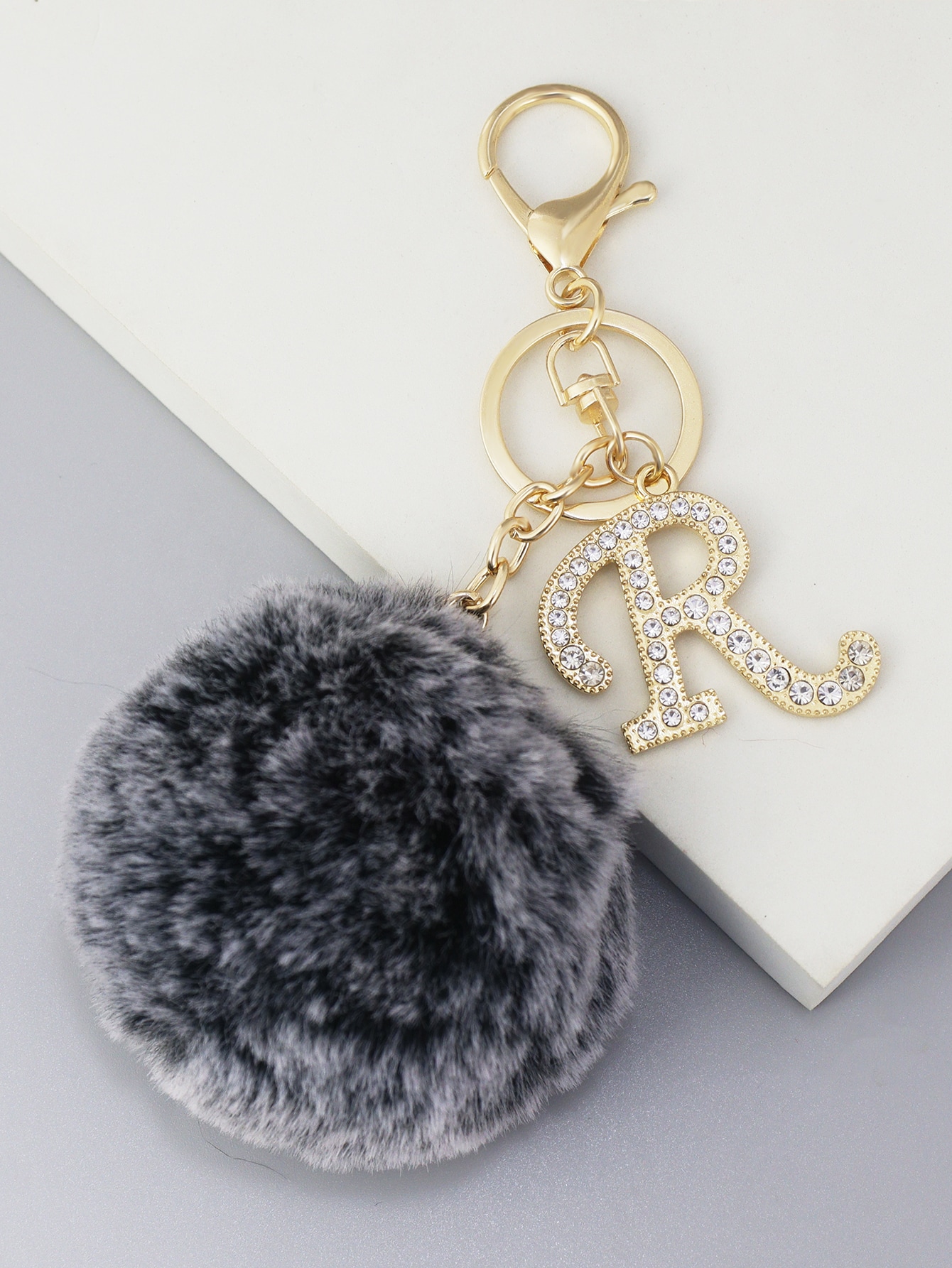 Pom Pom & Rhinestone Letter Charm Keychain