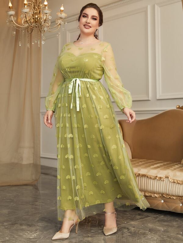 SHEIN Modely Plus Lantern Sleeve Belted Heart Mesh Dress | SHEIN USA