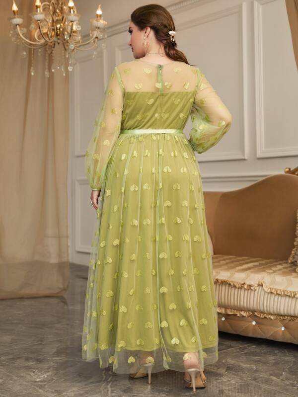 SHEIN Modely Plus Lantern Sleeve Belted Heart Mesh Dress | SHEIN USA