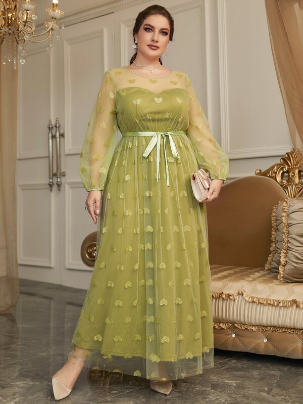 SHEIN Modely Plus Lantern Sleeve Belted Heart Mesh Dress | SHEIN USA