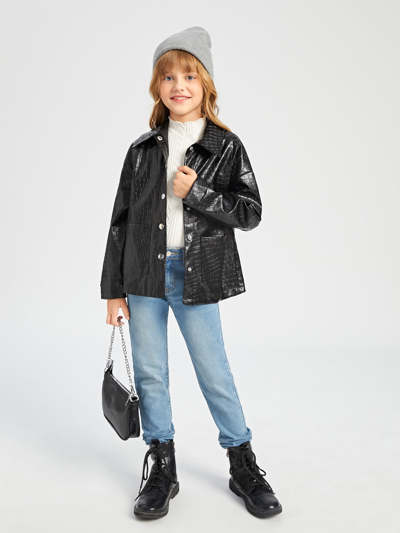 SHEIN Girls Croc Embossed Drop Shoulder PU Leather Jacket | SHEIN USA