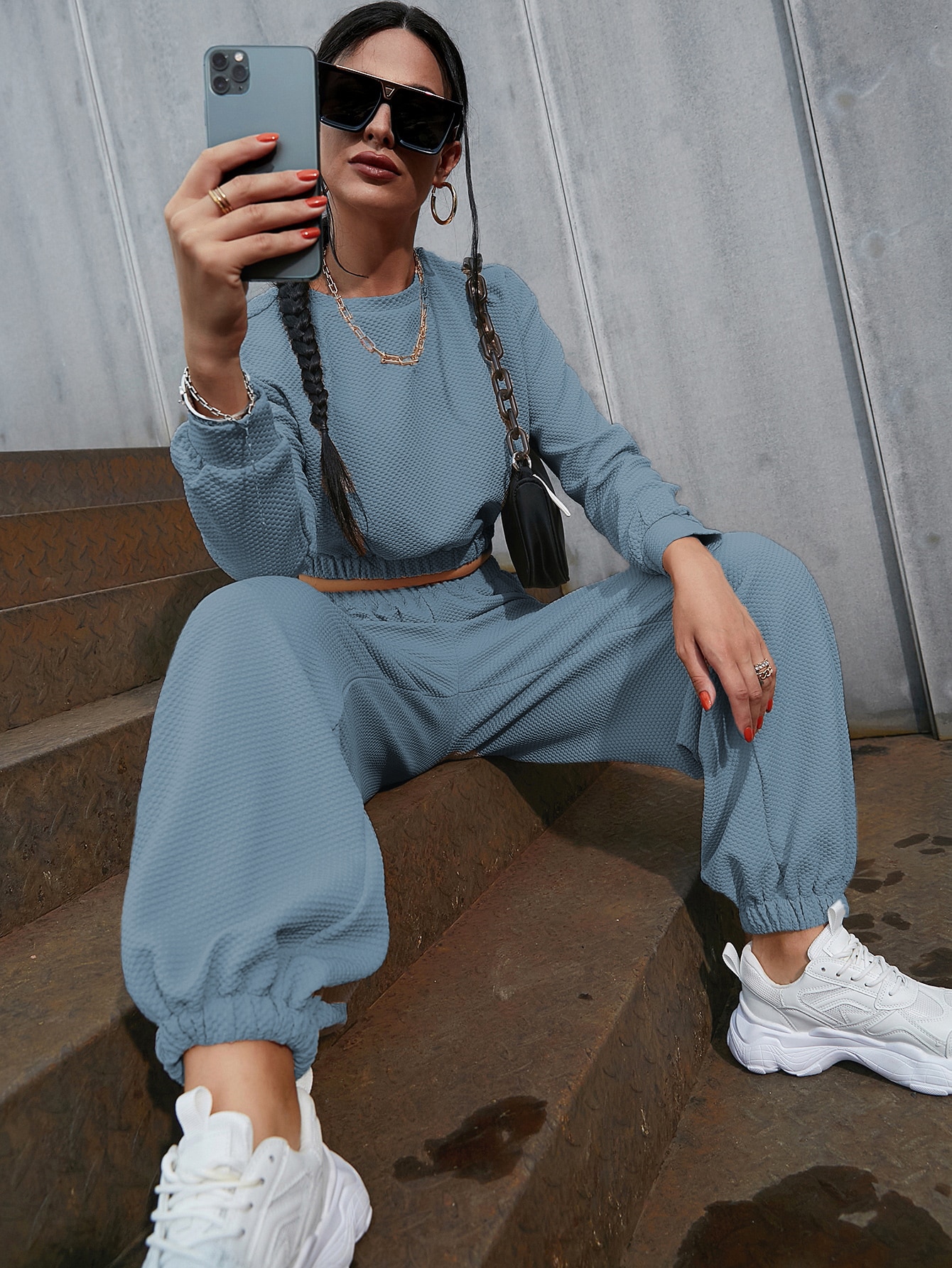 Solid Drop Shoulder Sweatshirt & Pants Set | SHEIN USA