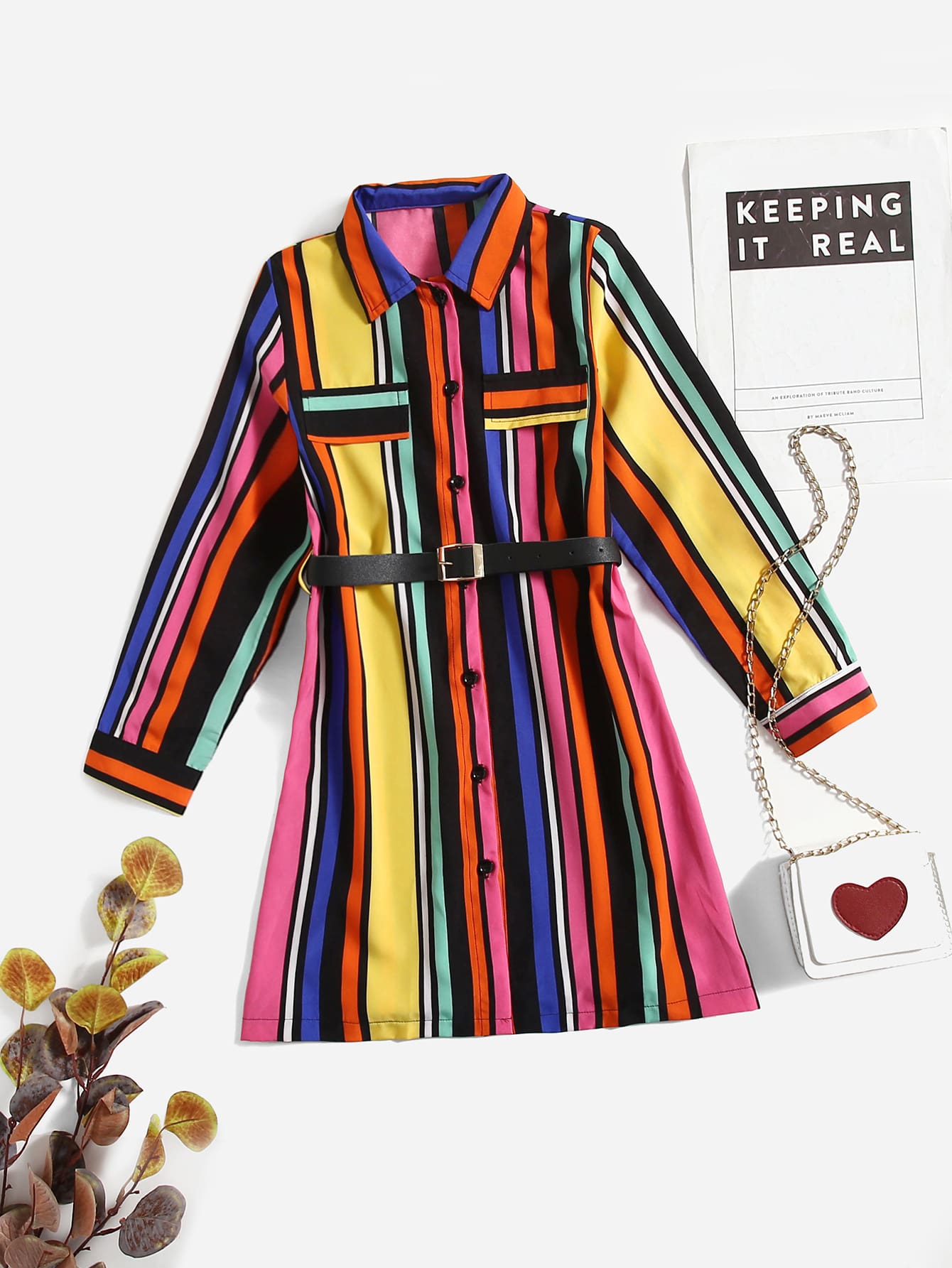 Girls Colorful Striped Belted Shirt Dress | SHEIN USA