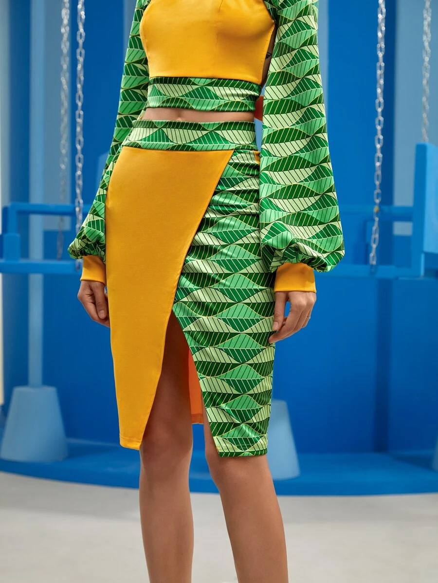 Going Global Colorblock Zip Side Asymmetric Hem Skirt | SHEIN EUR