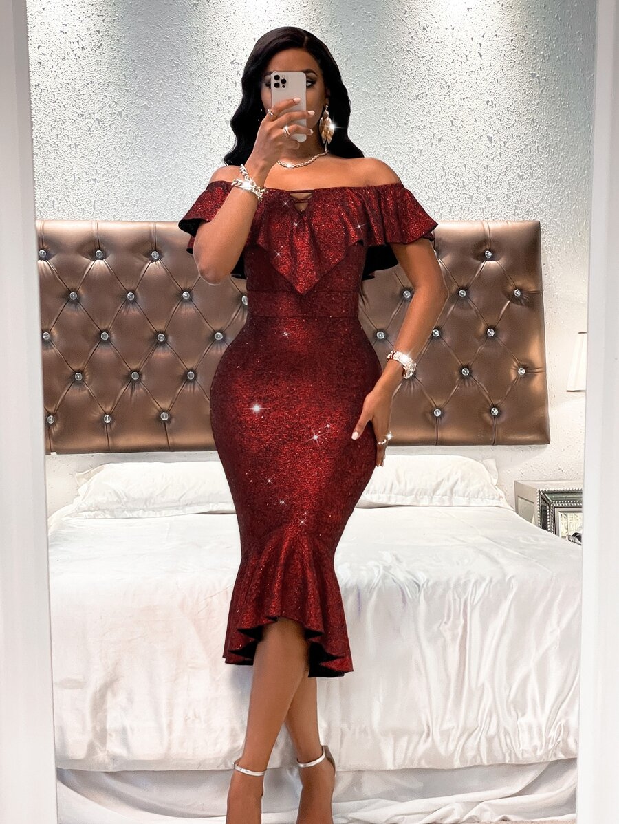 SHEIN SXY Off Shoulder Ruffle Trim Mermaid Hem Glitter Dress | SHEIN USA