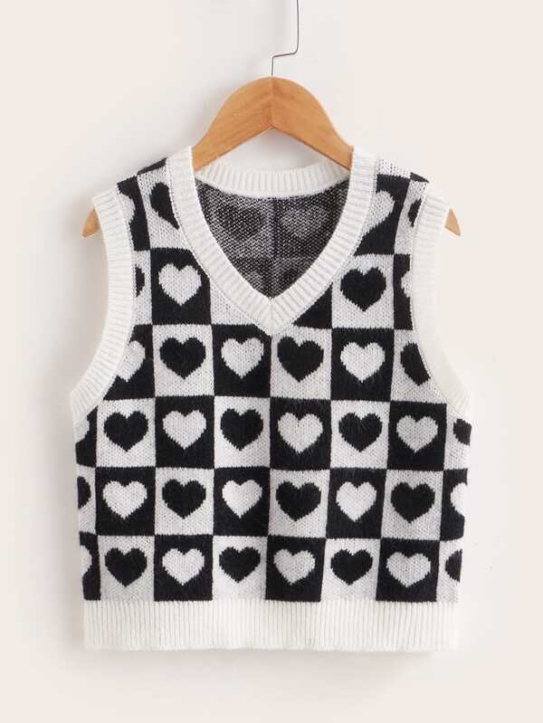 SHEIN Girls Checker and Heart Pattern Sweater Vest | SHEIN USA