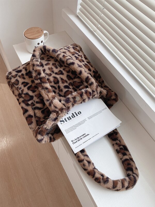 Fuzzy, Soft, Plush, Fluffy Leopard Fluffy Tote Bag For Girls, Women ...