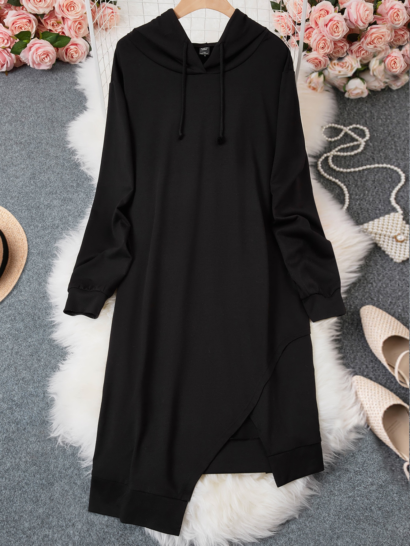 Plus Solid Drawstring Asymmetrical Hem Hoodie Dress