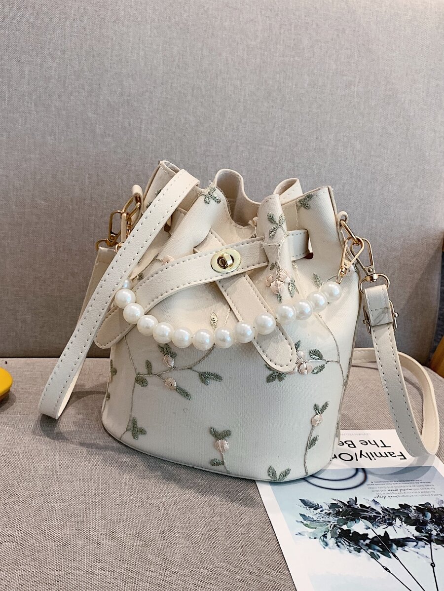 Mini Floral Embroidered Faux Pearl Decor Bucket Bag | SHEIN USA