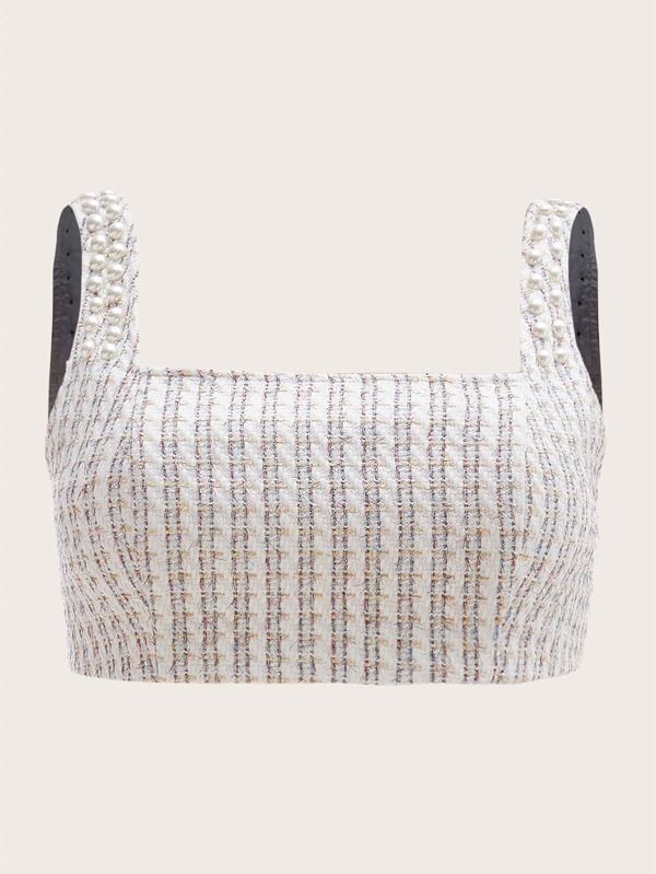 SHEIN Privé Plus Pearls Beaded Plaid Tweed Tank Top | SHEIN USA