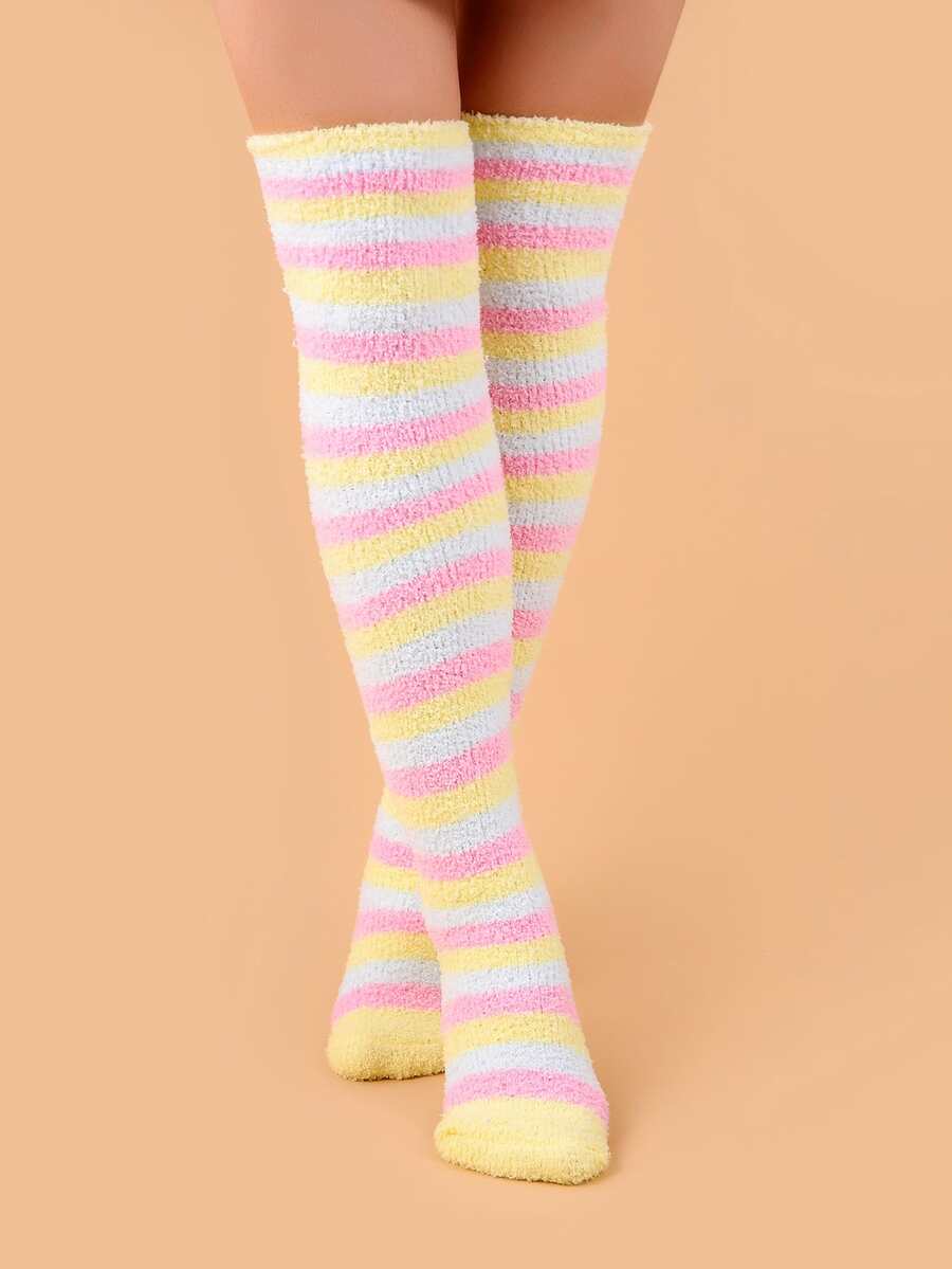Striped Fuzzy Over The Knee Socks | SHEIN USA