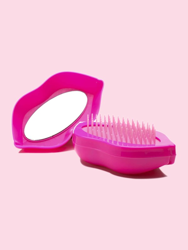 1pc Pocket Hair Brush With Mirror, 2 In 1 Lip Shaped Travel Size Mirror ...