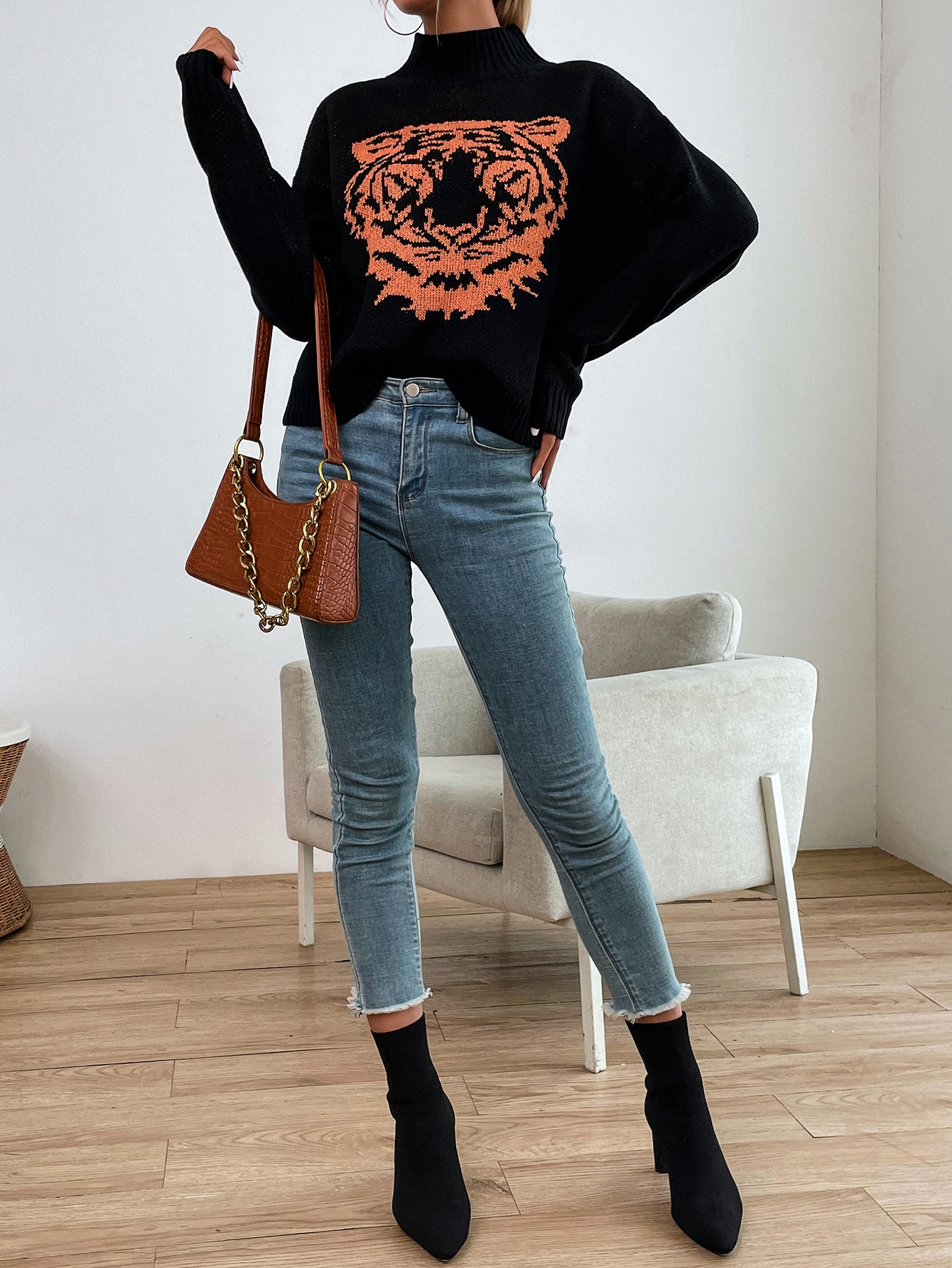 Mock Neck Tiger Pattern Sweater | SHEIN USA
