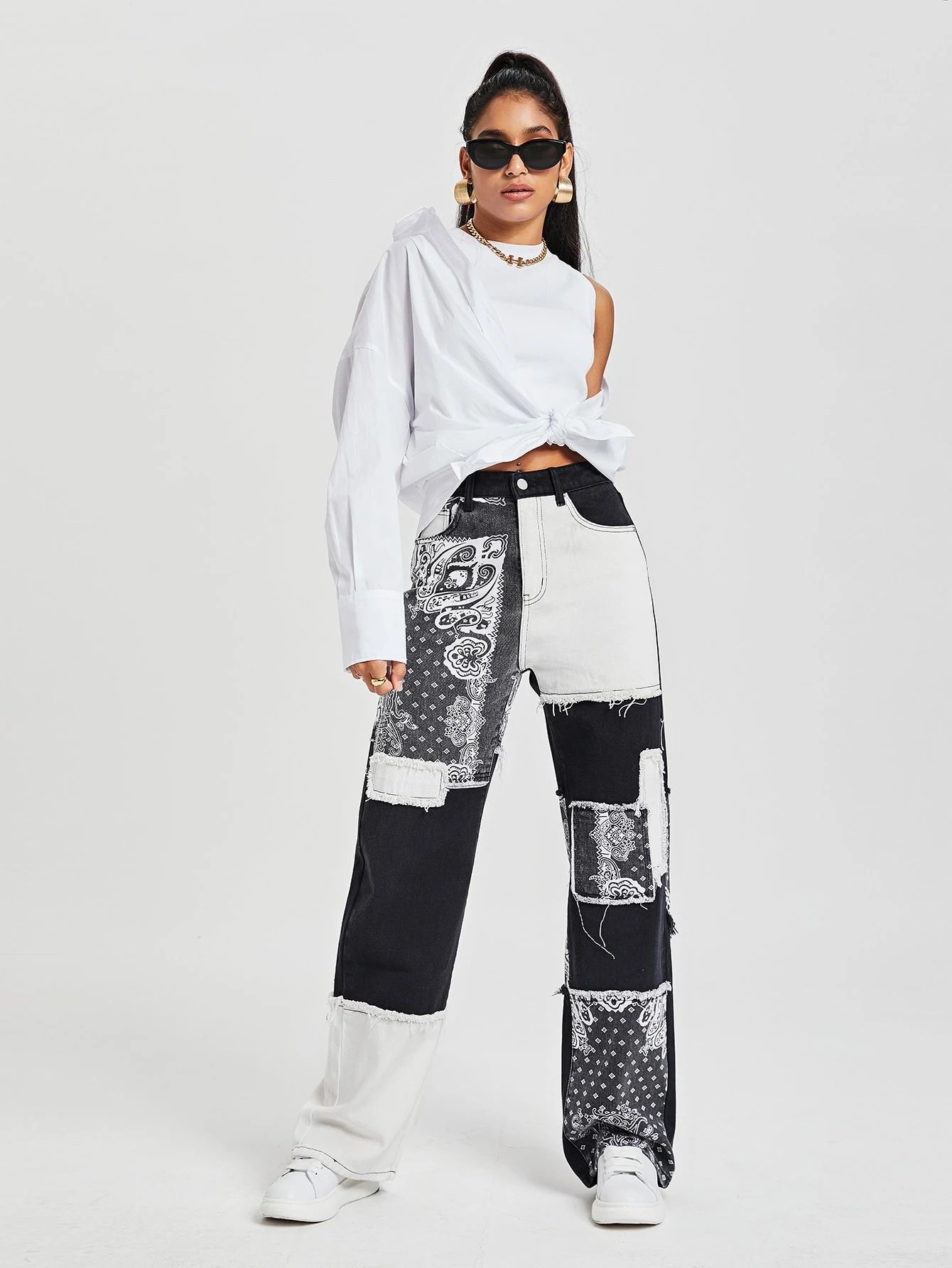 SHEIN EZwear Paisley Print Patchwork Print Boyfriend Jeans | SHEIN USA