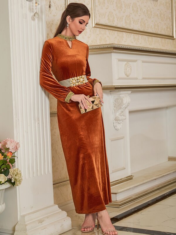 Velvet Keyhole Rhinestone Dress | SHEIN USA