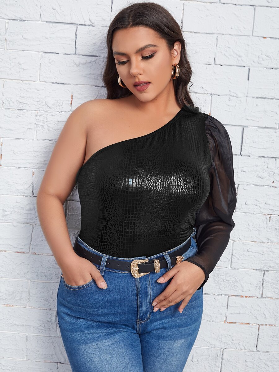 SHEIN Privé Plus One Shoulder Crocodile Embossed Contrast Mesh PU ...
