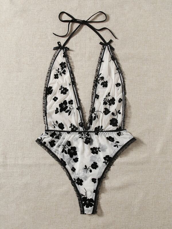 Floral Mesh Plunging Teddy Bodysuit | SHEIN USA