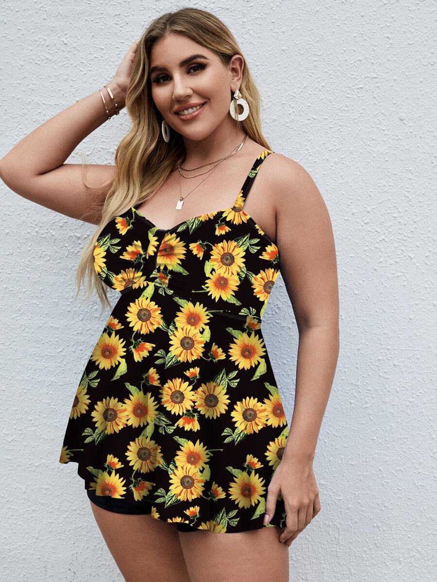 SHEIN Swim Curve Plus Size Sunflower Print Ruched Bust Tankini Set, 2 ...