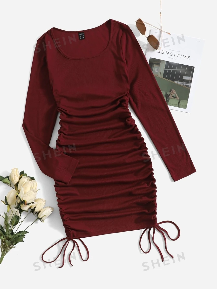 SHEIN EZwear Scoop Neck Drawstring Side Bodycon Dress | SHEIN UK