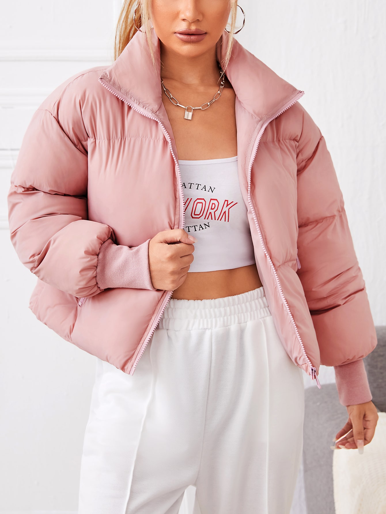 SHEIN Solid Slant Pocket Zip Up Puffer Winter Coat