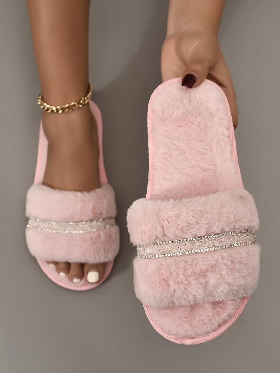 Women's Fashion Pink Diamond Decor Solid Bedroom Slippers Soft Fluffy ...