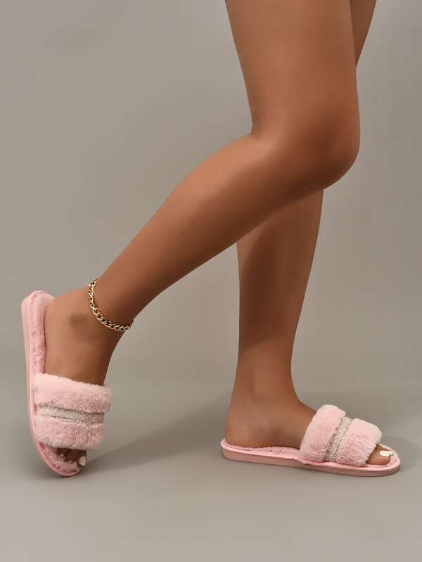Rhinestone Decor Fluffy Bedroom Slippers | SHEIN UK