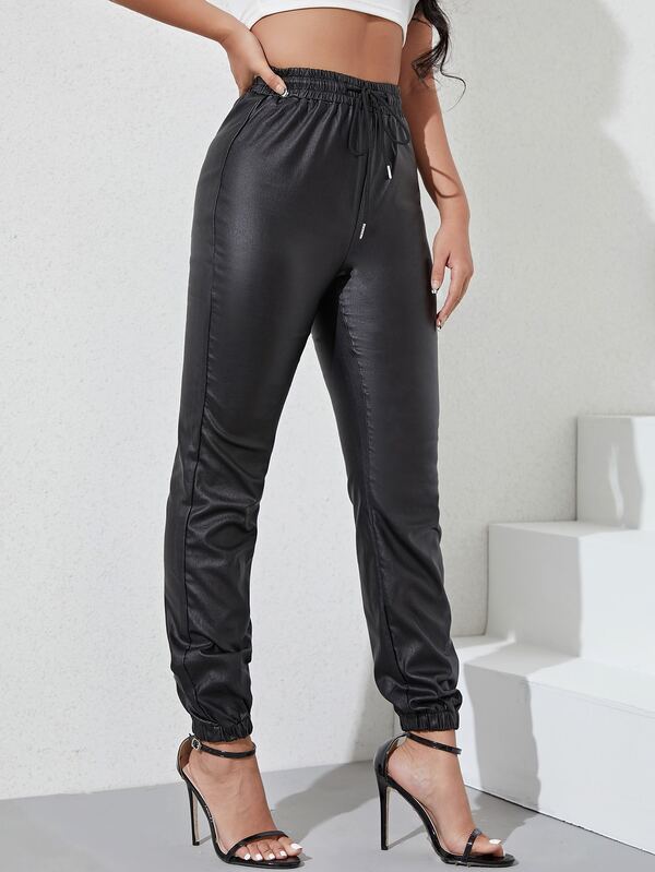 SHEIN Essnce Leather Look Drawstring High Waisted Jogger Jeans | SHEIN USA