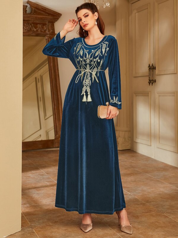 Shein Najma Plant Embroidery Tassel Belted Velvet Kaftan Dress Shein Usa