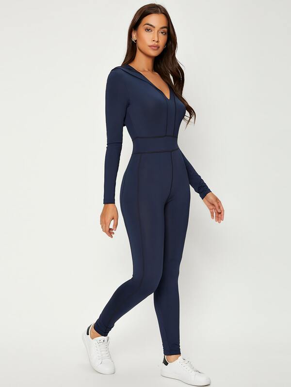 SHEIN Mulvari Top-stitching Hooded Unitard Jumpsuit | SHEIN UK