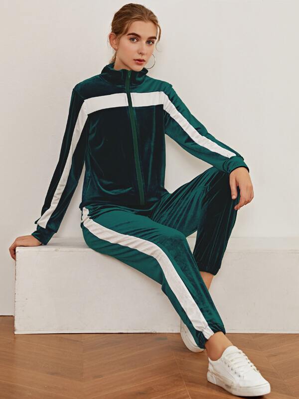 Emerald Green Velvet Tracksuit Set With White Stripe | SHEIN UK