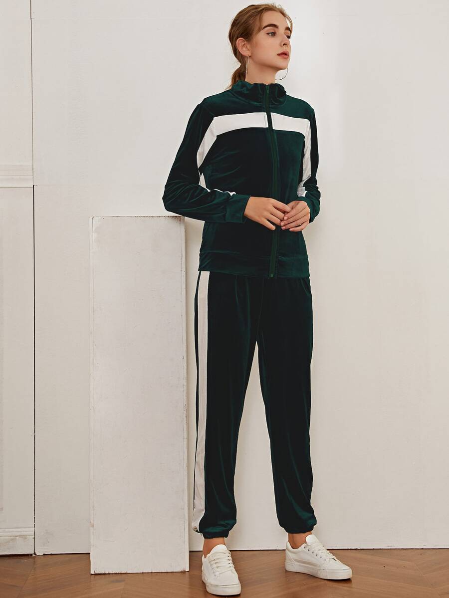 Emerald Green Velvet Tracksuit Set With White Stripe | SHEIN USA
