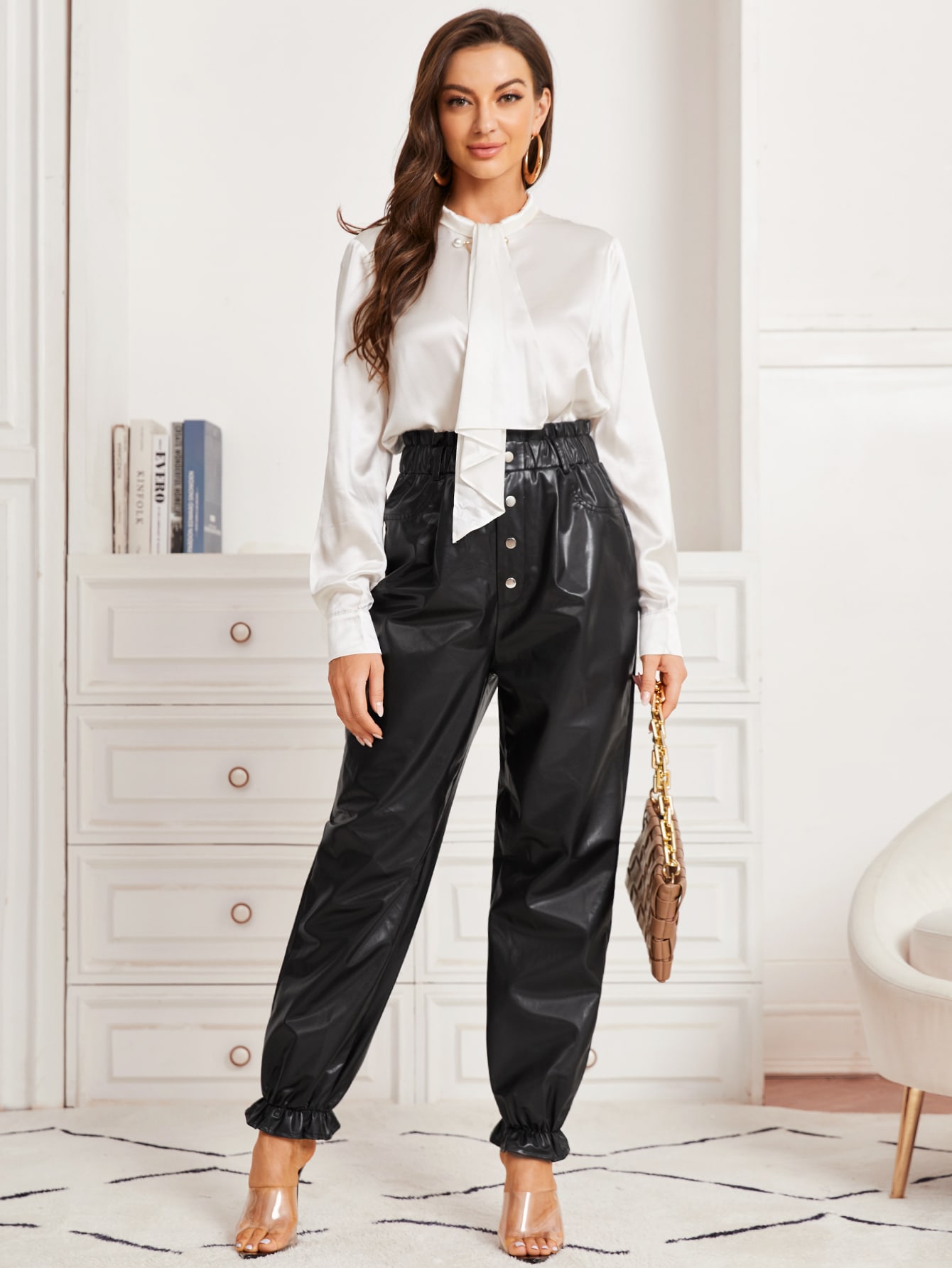 SHEIN Ruffle Hem PU Leather Pants | SHEIN EUR