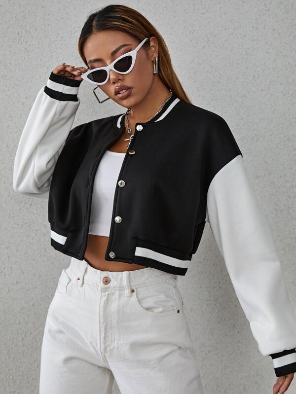 SHEIN EZwear Drop Shoulder Two Tone Crop Bomber Jacket | SHEIN UK