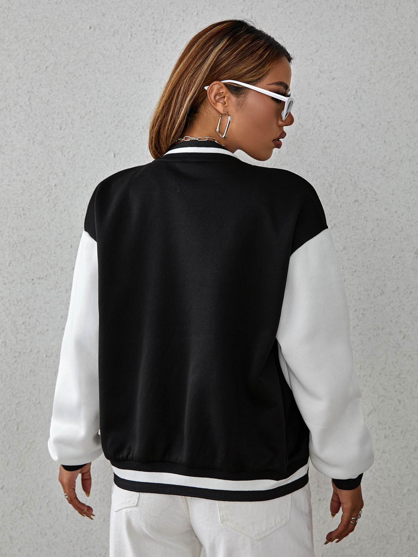 Letter Patch Detail Drop Shoulder Two Tone Varsity Jacket | SHEIN USA