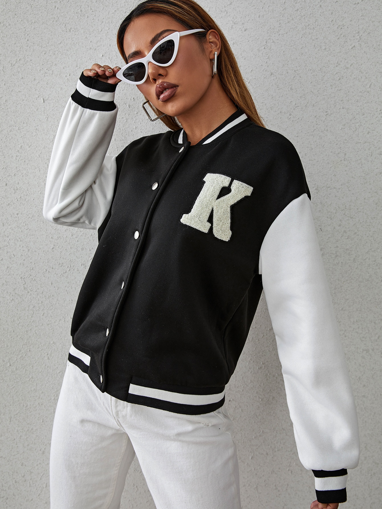 SHEIN EZwear Letter Patch Detail Drop Shoulder Two Tone Varsity Jacket ...