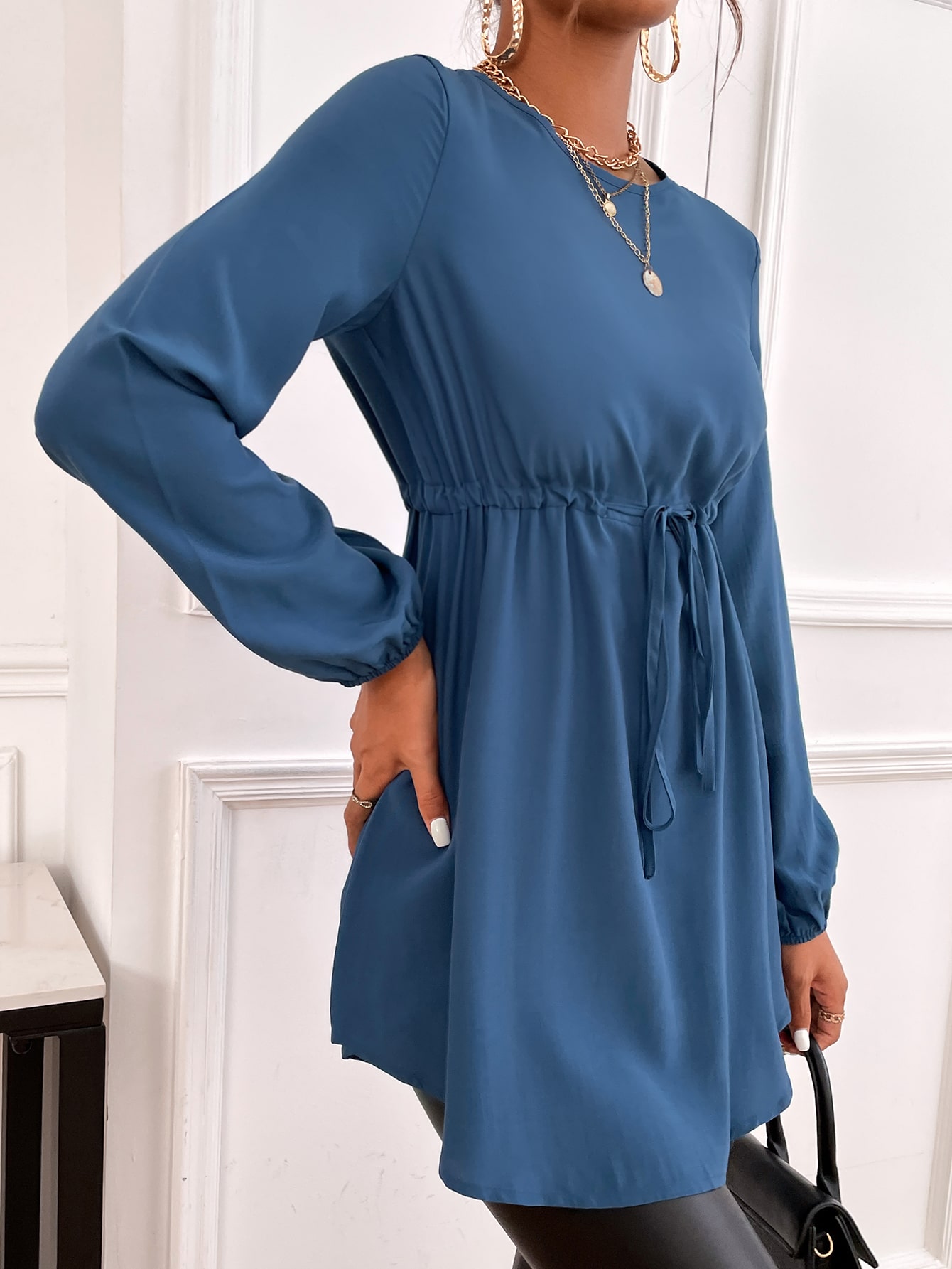 Solid Drawstring Waist Tunic Blouse