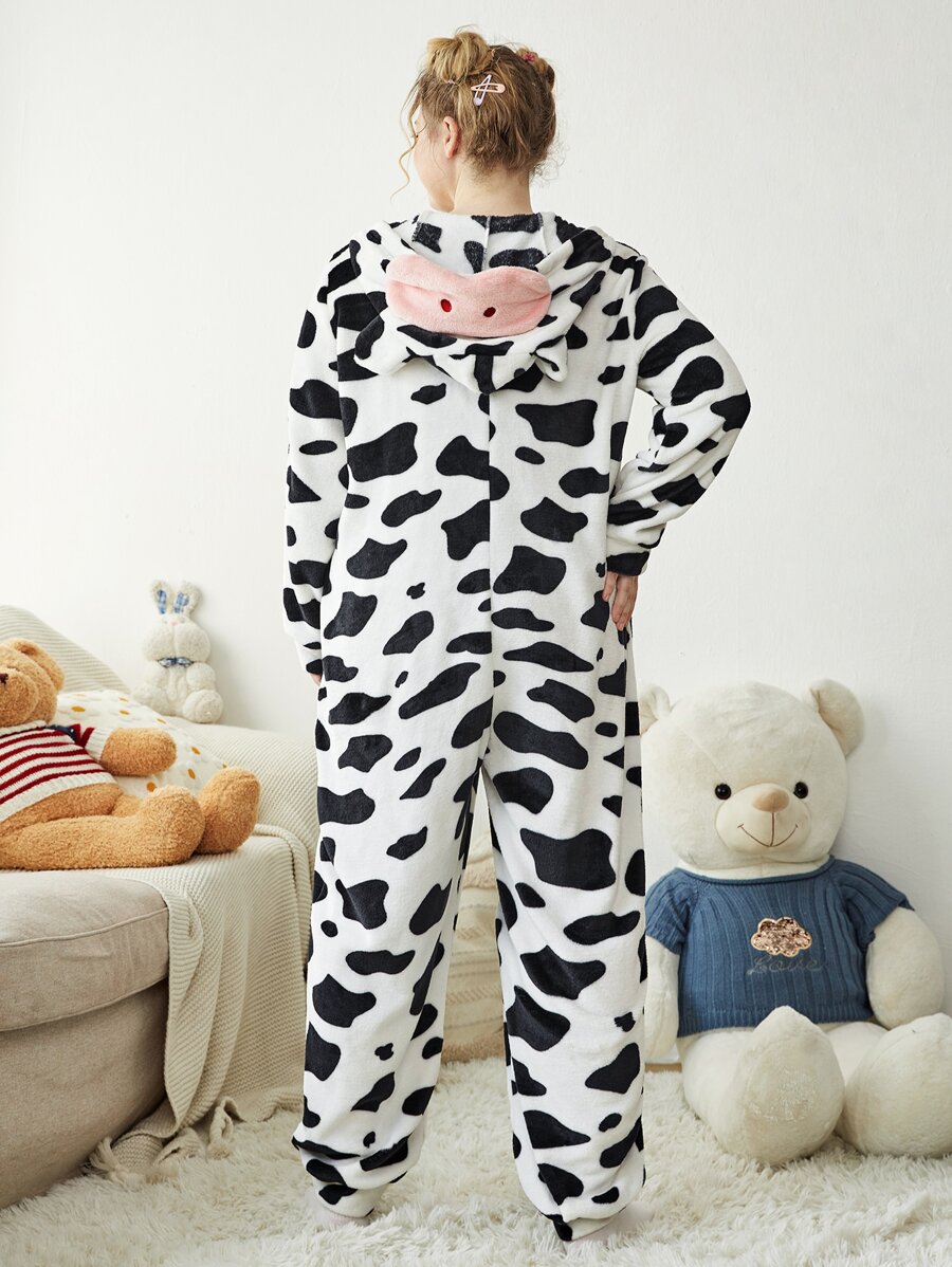 Plus Cow Pattern Cartoon Embroidery 3D Ear Design Hooded Flannel Sleep ...