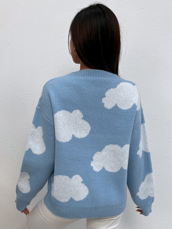 SHEIN Qutie Cloud Pattern Drop Shoulder Sweater | SHEIN