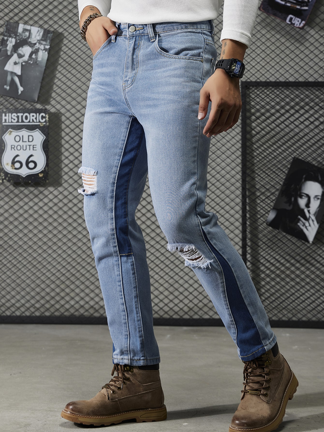 Men Ripped Color Block Jeans