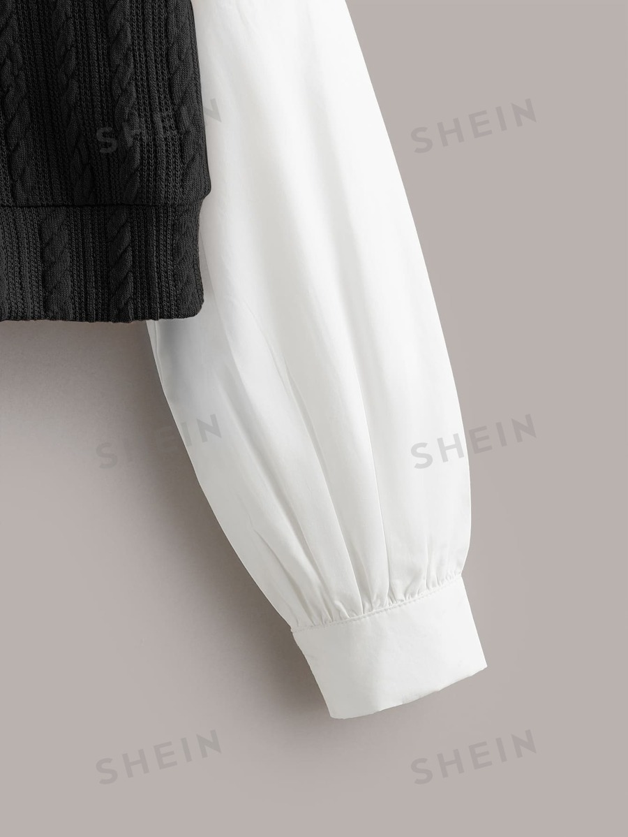 SHEIN EZwear Needle Woven Patchwork Contrast Collar Cable Knit 2 In 1 ...